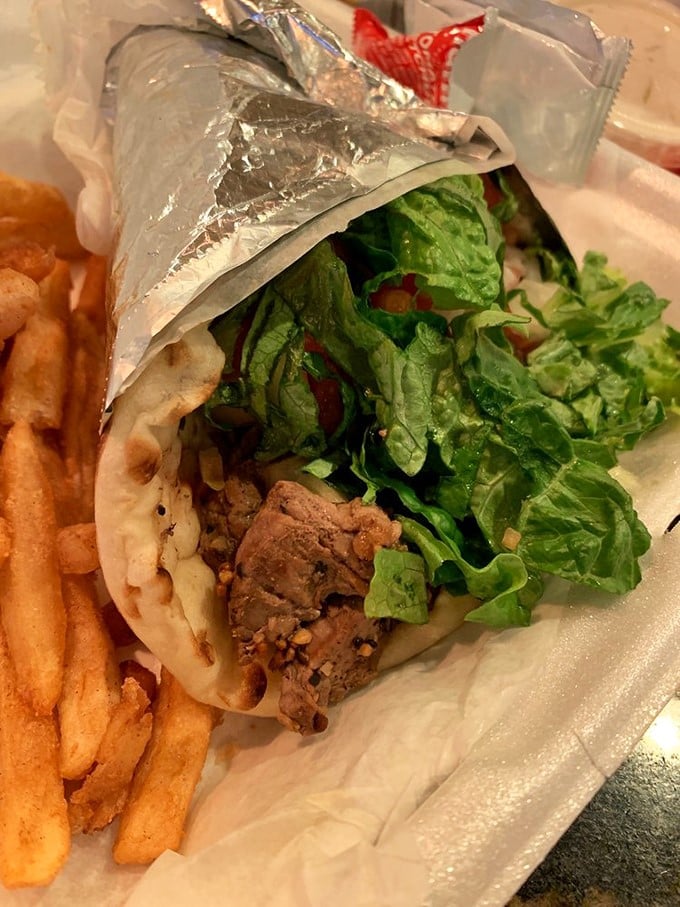 This isn't just a gyro—it's a Mediterranean vacation wrapped in warm pita. Those fries are just showing off at this point.