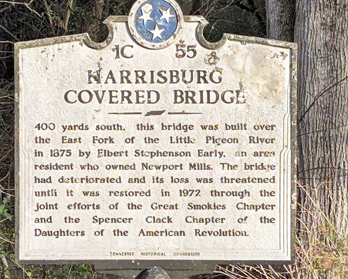 History etched in stone—or rather, metal. This historical marker reveals the bridge's 1875 origins and its 1972 rescue by preservation-minded Tennesseans. 