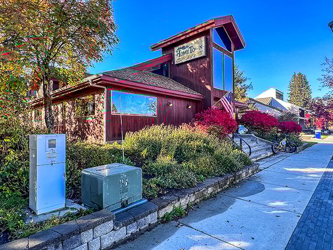 Home Town Sports wears autumn colors like they were made for it. Those crimson bushes aren't landscaping—they're nature's exclamation points.