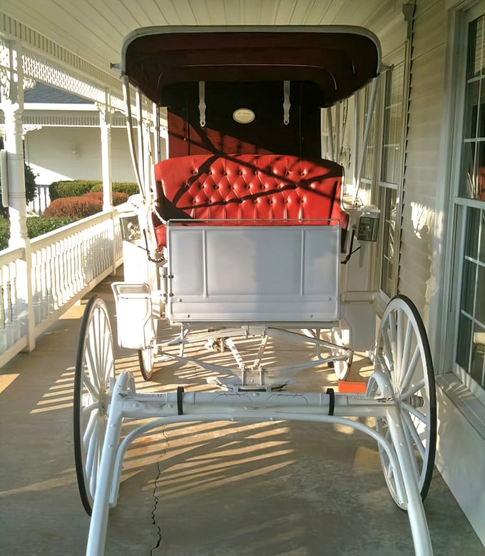 A horse carriage on the porch isn't decoration—it's a time machine. Those red cushions have seen more interesting conversations than most therapists.