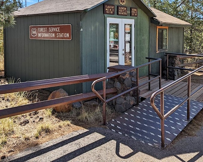 The Forest Service information station stands ready to answer burning questions like "What's that tree?" and "How deep is this canyon anyway?"