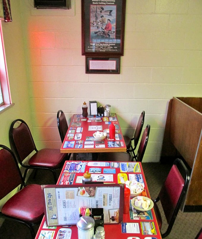 Tables dressed in colorful placemats advertising local businesses—Port Clinton's version of social media, served with a side of ketchup.