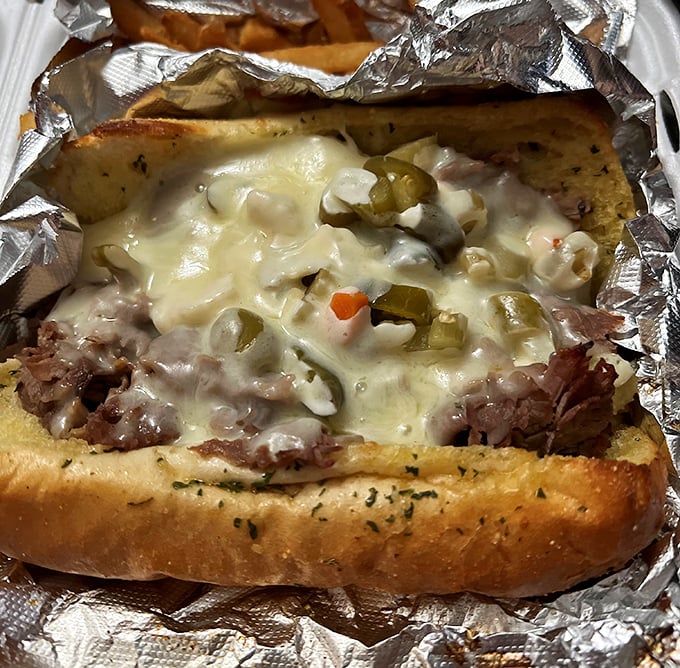 The Italian beef sandwich—Chicago's gift to humanity—where giardiniera and melted cheese transform bread and meat into magic.