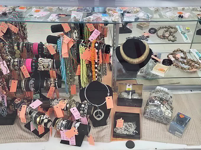 The jewelry counter: where treasure hunting gets serious. That statement necklace could be your conversation starter at the next neighborhood potluck.
