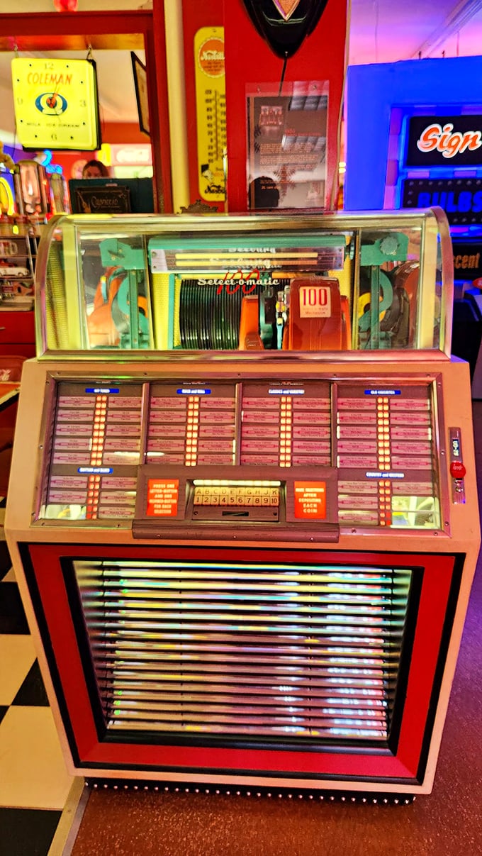 This vintage jukebox doesn't just play tunes—it's a musical time machine wrapped in neon and chrome, waiting for your quarter.