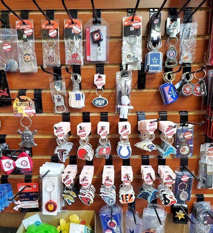 Sports loyalty on display! These keychains aren't just accessories—they're tribal badges announcing football allegiances from Cowboys to 49ers without saying a word.