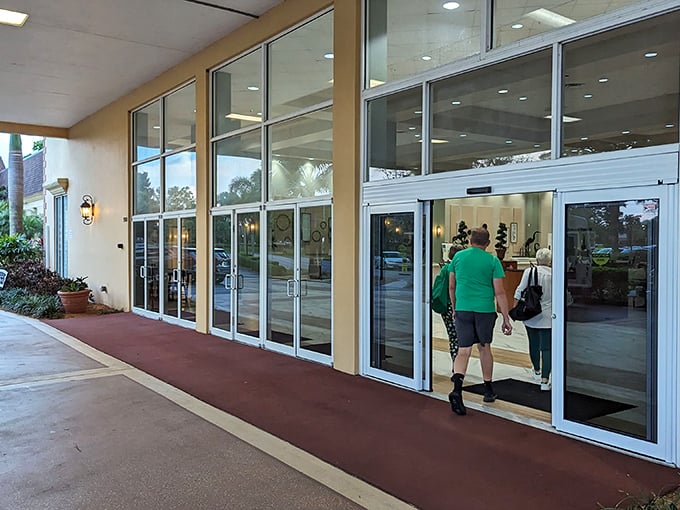 The welcoming entrance to community spaces – where friendships begin and the day's activities unfold behind glass doors.