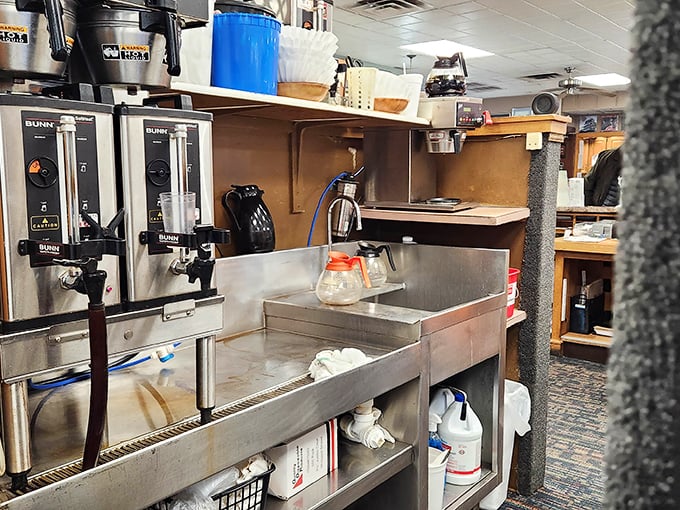 Every coffee pot, syrup dispenser, and condiment has its place—organized chaos that somehow produces breakfast perfection every time.