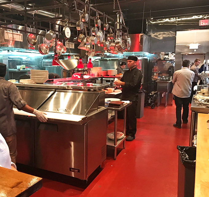 Where the magic happens—Three Oak's kitchen reveals the orchestrated chaos that transforms raw ingredients into edible masterpieces.