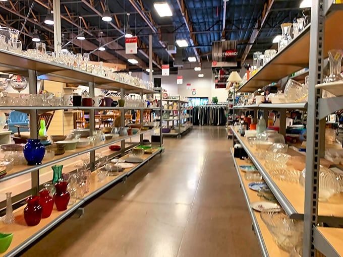 The glassware aisle—a crystal wonderland where vintage punch bowls and modern wine glasses peacefully coexist.