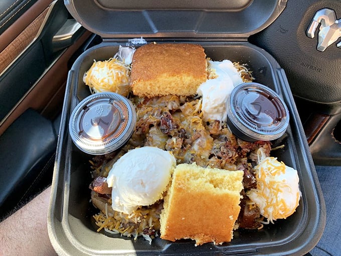 The Hog Trough travels well – this to-go container holds enough BBQ goodness to make your car smell like heaven all the way home.