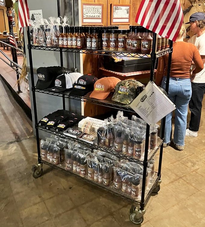 Sauce bottles, hats, and shirts—because sometimes you need to bring home evidence of your pilgrimage to the barbecue promised land.