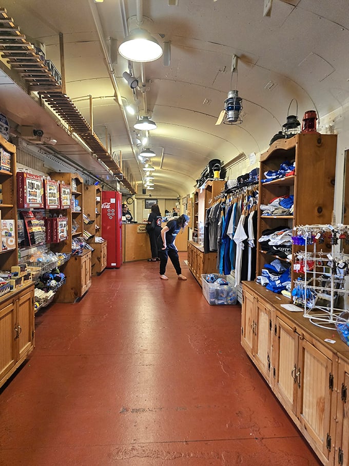 The gift shop, housed in a converted train car, offers everything from serious collector items to whimsical souvenirs for the young engineer.
