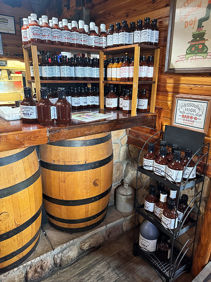 Sauce heaven exists! This barrel-lined display offers liquid gold in bottles—take home the magic to elevate your backyard barbecue game.