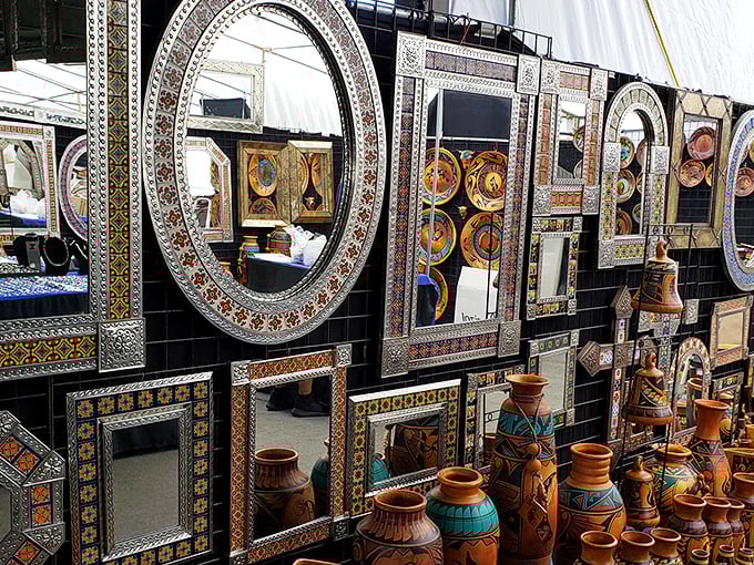 Mirror, mirror, on the wall – these ornate frames transform reflections into art, surrounded by pottery that brings the Southwest indoors.