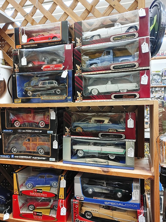 Automotive dreams in miniature. These model cars represent America's love affair with the open road, perfectly preserved under plastic.