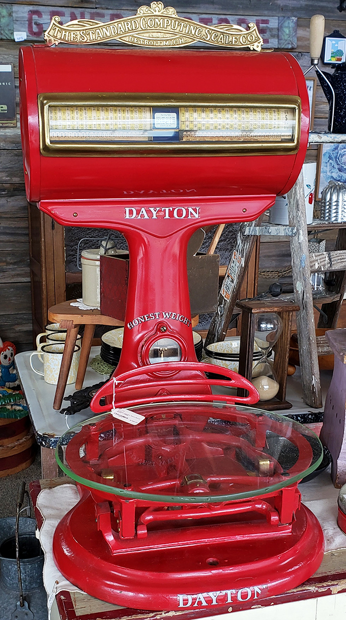 The magnificent red Dayton scale—when weighing things was a mechanical art form. This beauty made "stepping on the scale" a public spectacle rather than a bathroom secret.