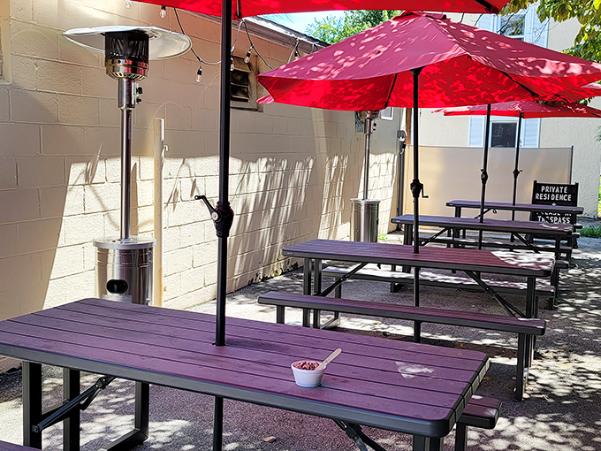 Outdoor dining under red umbrellas where even the picnic tables got a purple makeover. Sunshine and shade in perfect harmony.