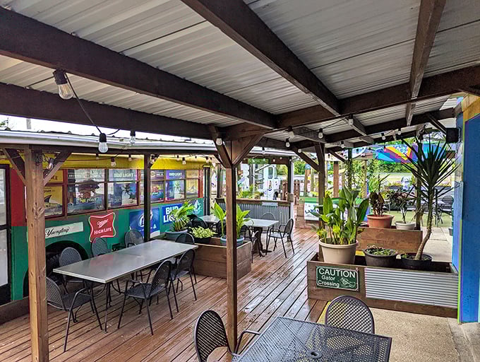 The outdoor patio offers a tropical oasis in Ohio—complete with "Caution: Alligator" signs that might just be the real deal.