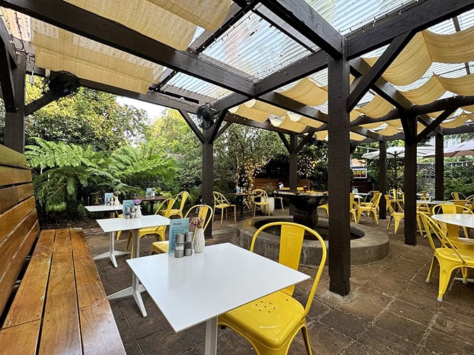 The outdoor patio with its yellow chairs and dappled sunlight is the California dream realized. Al fresco dining as it was meant to be.