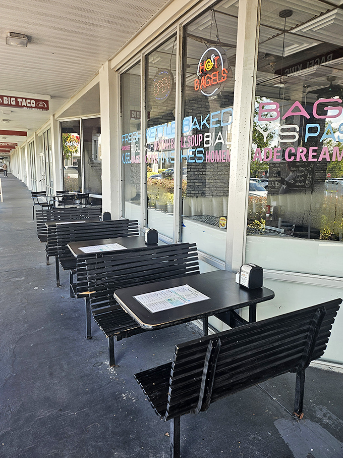 The outdoor seating area offers a front-row view to people-watching with your bagel companion.