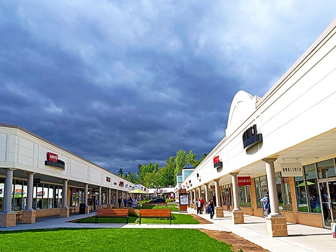Storm clouds gathering can't dampen shopping spirits. The covered walkways ensure retail therapy continues in any weather.