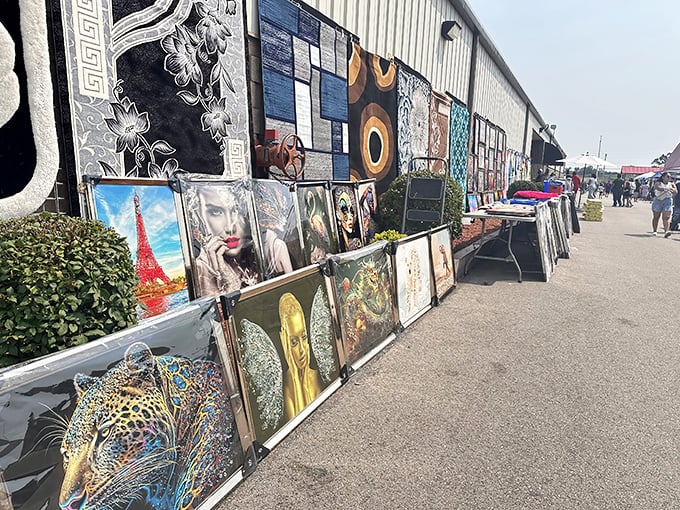 Art for every taste lines the outdoor walkway—from majestic big cats to abstract splashes of color that might just match your couch.