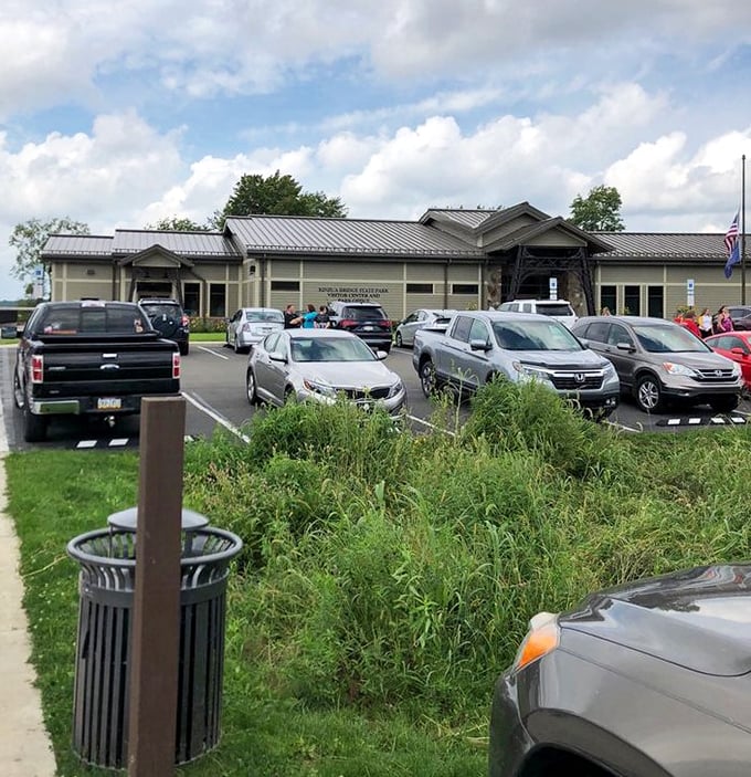 Popular for good reason. A busy parking area hints at the Kinzua Bridge State Park's status as one of Pennsylvania's must-visit destinations.