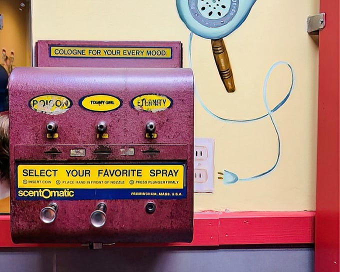 Even the bathroom amenities scream retro charm—a vintage cologne dispenser offering scents that transport you straight back to 1965.