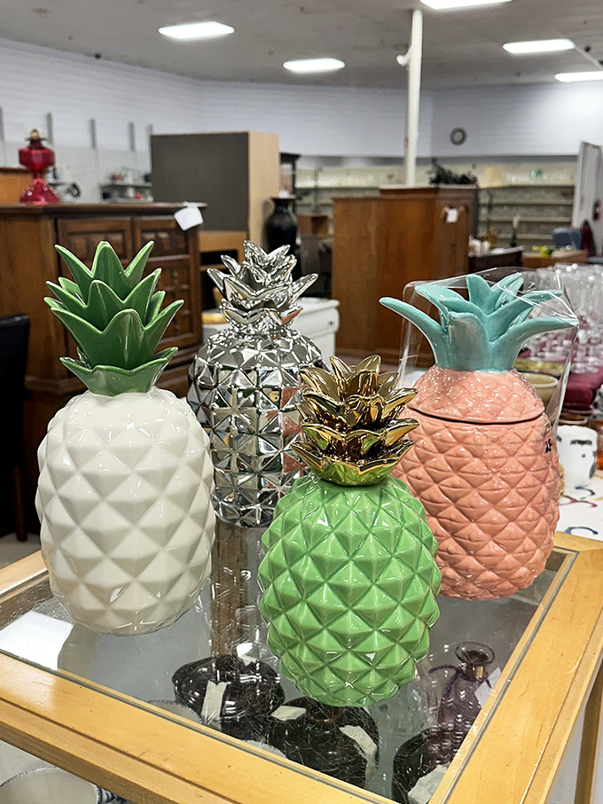 Ceramic pineapples in a rainbow of colors—the universal symbol of hospitality gets a thrifty makeover.