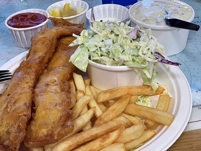 The full Harbor experience—crispy fish, golden fries, creamy coleslaw, and all the sauces. This plate is why elastic waistbands were invented.
