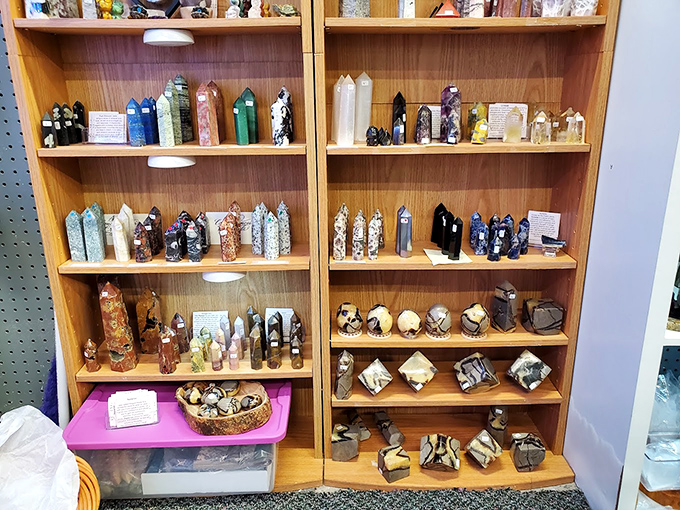 Crystal and mineral displays that would make any geology enthusiast weak at the knees. Earth's treasures, polished and ready for your bookshelf.