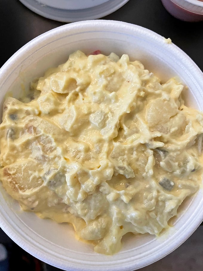 Potato salad that knows its role—cooling, creamy counterpoint to all that smoky meat, like the reliable friend who balances out your more dramatic relationships.