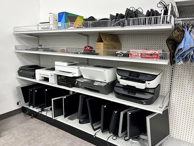 Printers, monitors, and technological ghosts of Christmas past stand ready for resurrection in the hands of a savvy shopper.