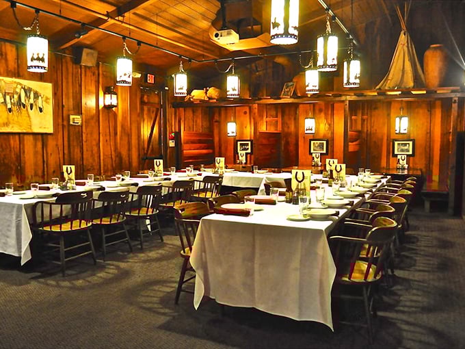 Private dining with Western flair. White tablecloths meet wooden walls in a room that's hosted everything from anniversary dinners to business deals sealed with steak.