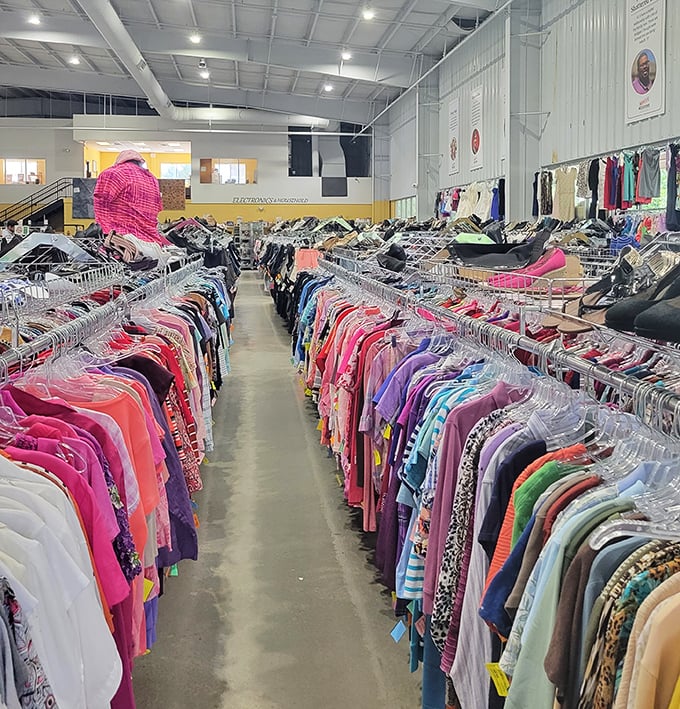 The clothing canyon – where patience rewards with hidden gems. That designer label might be hiding between two ordinary tees.