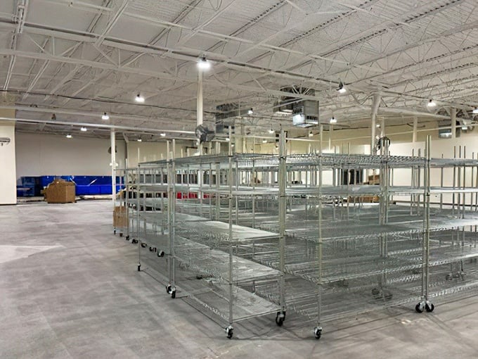 The calm before the shopping storm—empty metal racks waiting to be filled with tomorrow's treasures. Like a blank canvas for the art of thrift.