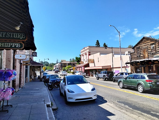 Main Street mixes Teslas with pickups because mountain towns embrace all kinds of progress.