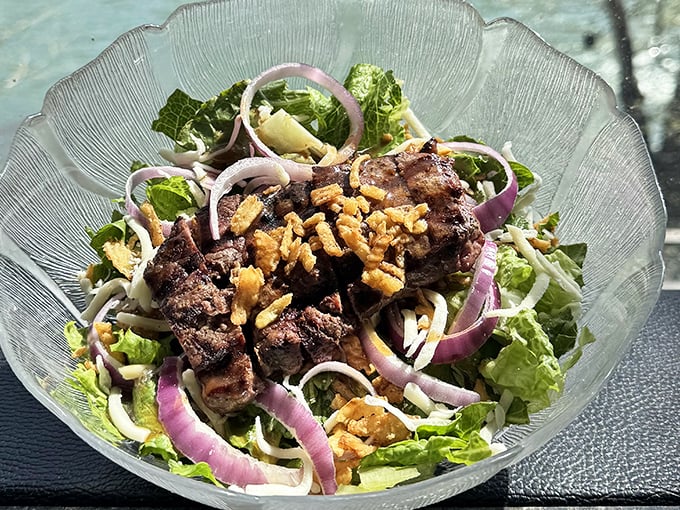 This isn't just a salad—it's a protein-packed flavor festival where greens play host to perfectly seasoned steak and crunchy walnuts in perfect harmony.