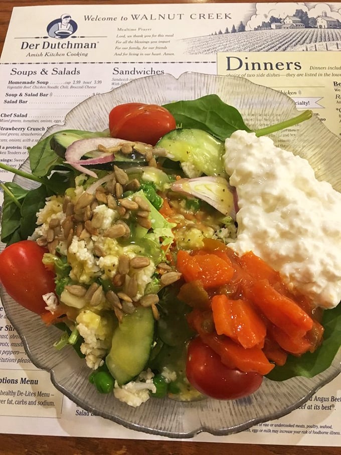 A salad that doesn't apologize for being healthy—it's too busy showing off its fresh vegetables and cottage cheese companion.
