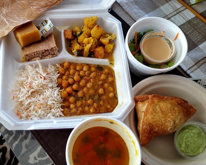 A complete meal that travels well—proof that takeout doesn't have to mean greasy paper bags. That samosa is practically begging to be the first bite.