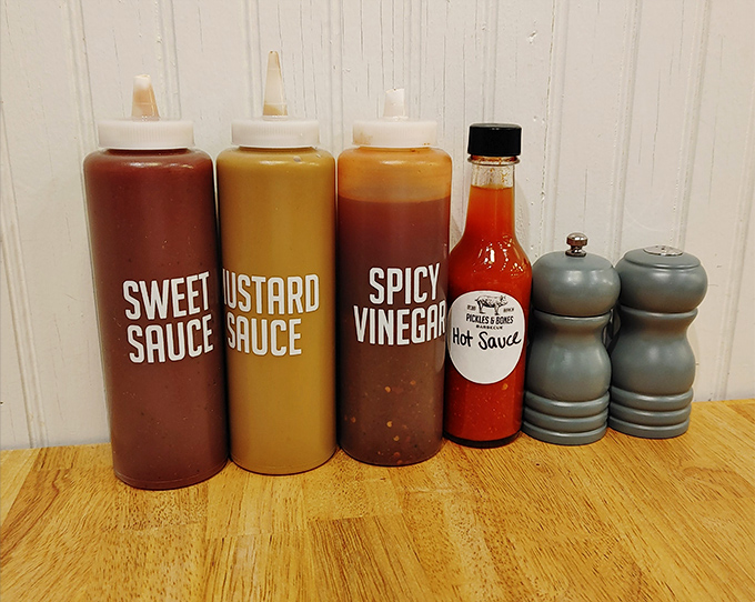 The sauce lineup—because sometimes you want options, even when the meat is perfect on its own.