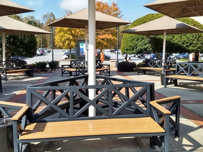 Strategic rest areas with shade – because marathon shopping requires proper hydration and occasional sitting breaks.