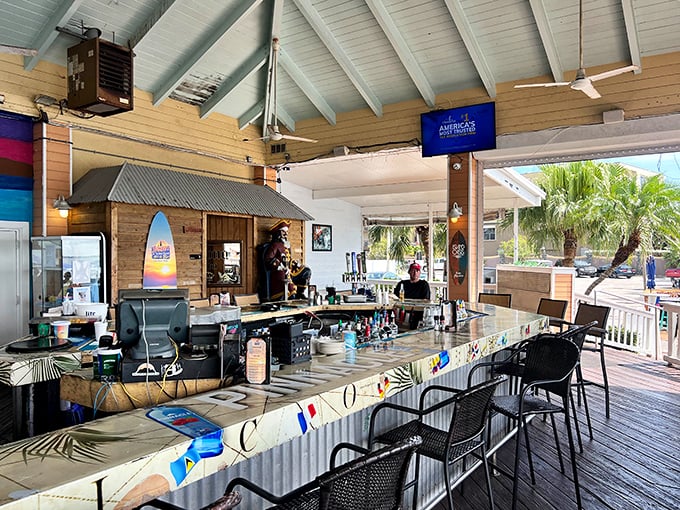 Outdoor bar seating that screams "vacation mode activated" – even if you're just on your lunch break from work down the street.