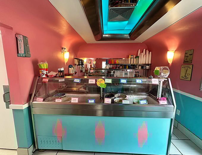 The ice cream counter—where adults suddenly remember what it felt like to be eight years old and full of possibility.