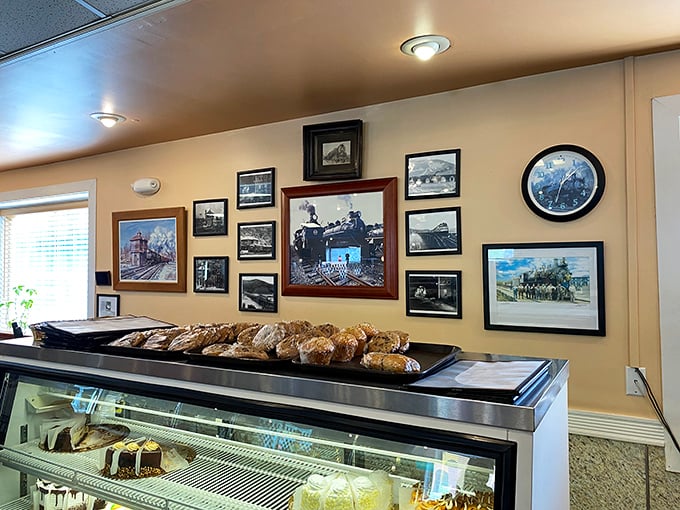 Fresh-baked bread and cakes on display – because calories consumed while admiring historical photos on the wall don't count.