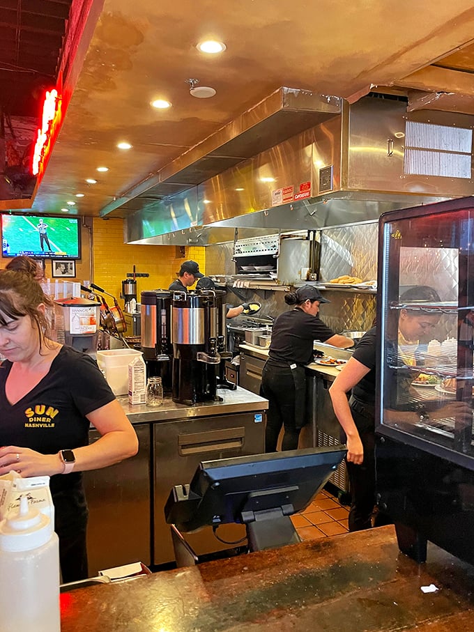 Where the magic happens – coffee brewing while cooks orchestrate breakfast symphonies behind the counter.