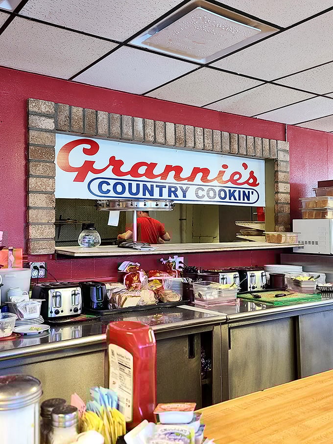 Behind this pass-through window, breakfast dreams become reality. The red walls aren't just decor—they're a warning: flavor alert ahead!