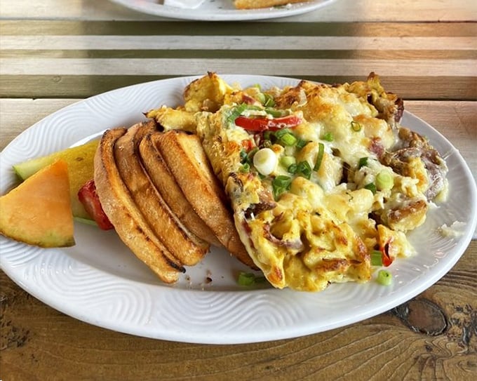 The aptly named "Shipwreck" is breakfast chaos in the best possible way—eggs, potatoes, and veggies colliding in perfect harmony. 