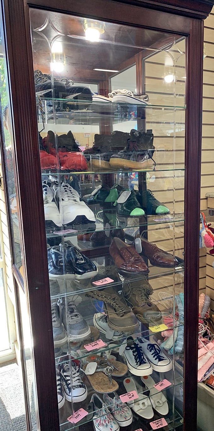 This glass cabinet showcases footwear for every occasion—from those pristine white sneakers to those brown loafers perfect for job interviews.